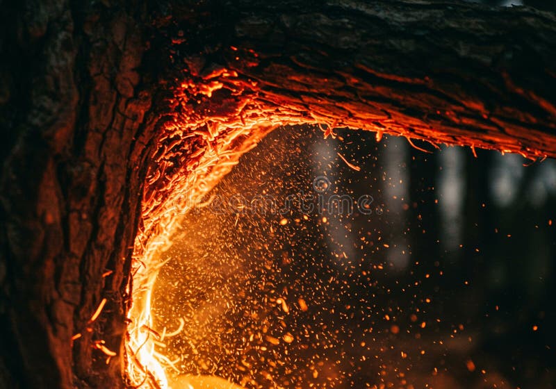 A Tree Trunk is Partially Engulfed in Flames, Casting a Vivid Orange ...
