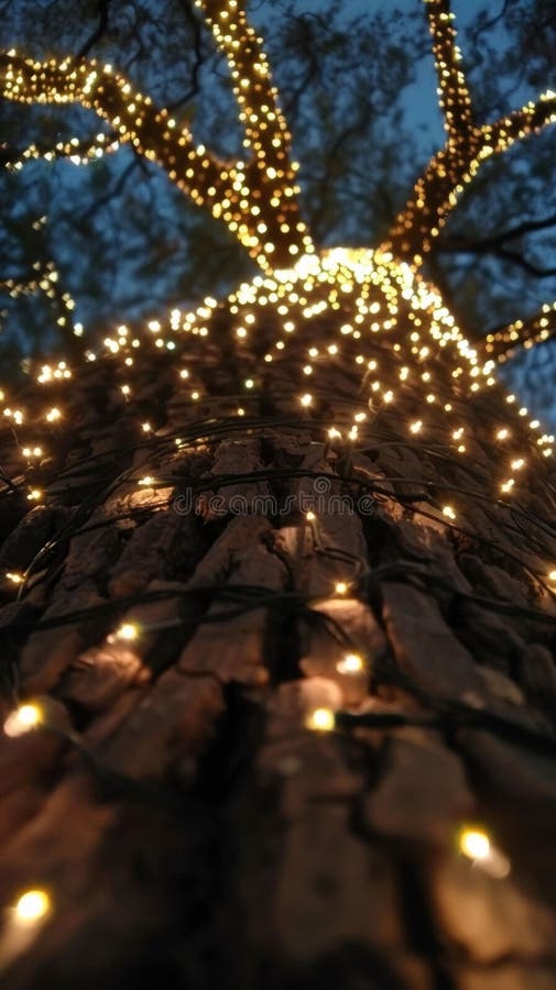 Tree Trunk Wrapped with Fairy Lights at Dusk Stock Image - Image of ...