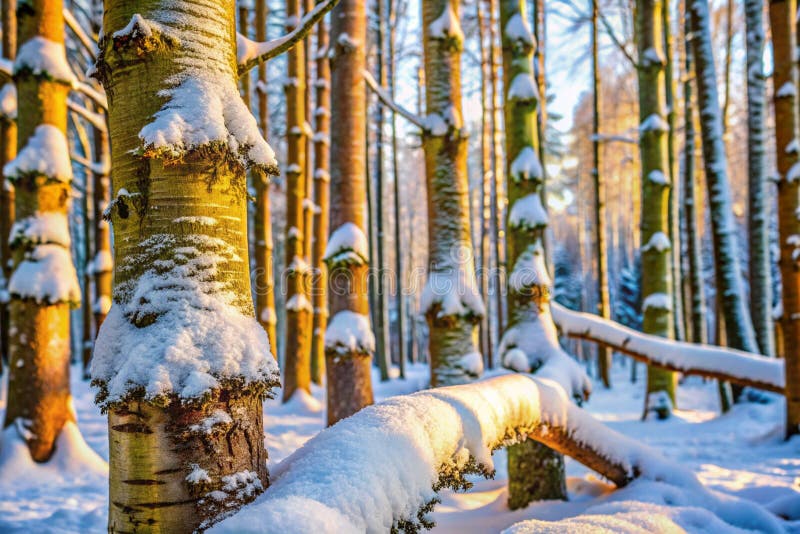 Tree Trunks and Branches Sprinkled with Fresh Winter Snow Stock ...