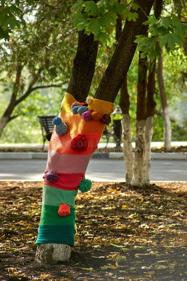 Tree Trunks Decorated Knitting Stock Image - Image of cover, handmade ...