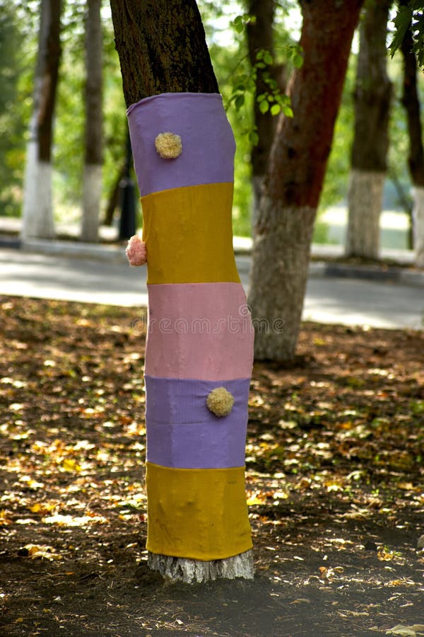 Tree Trunks Decorated Knitting Stock Photo - Image of knitwear ...