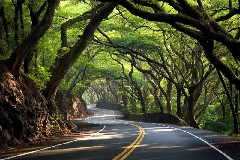 Tree Tunnel Road with Sunlight and Shadows. Generative Ai Stock ...
