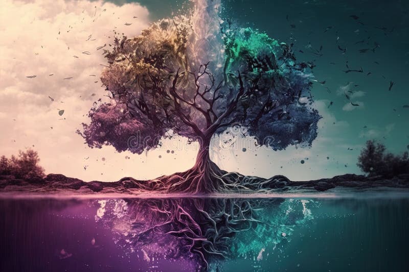 A Tree with Two Different Colors and a Reflection of the Sky and Water ...