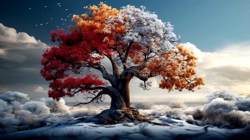 Tree with Two Seasons Compared Scene Stock Illustration - Illustration ...