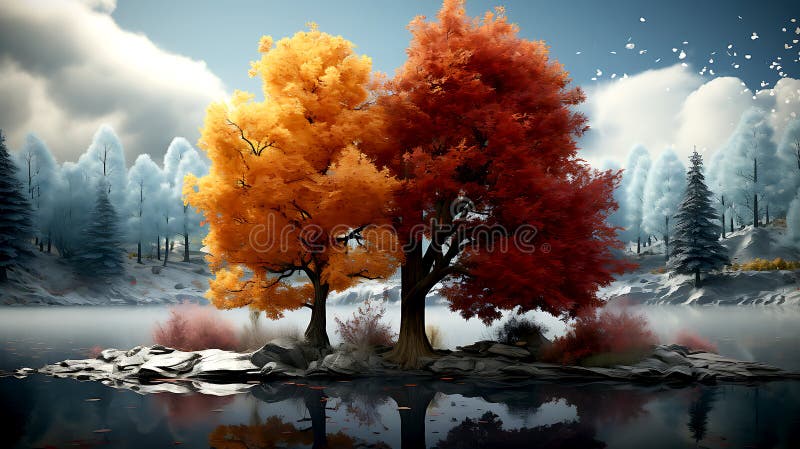 Tree with Two Seasons Compared Scene Stock Illustration - Illustration ...