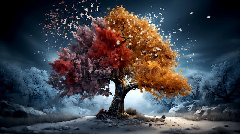 Tree with Two Seasons Compared Scene Stock Illustration - Illustration ...