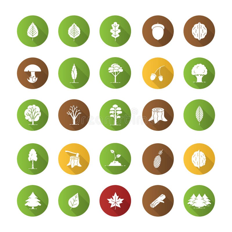 Tree Types Flat Design Long Shadow Glyph Icons Set Stock Vector ...