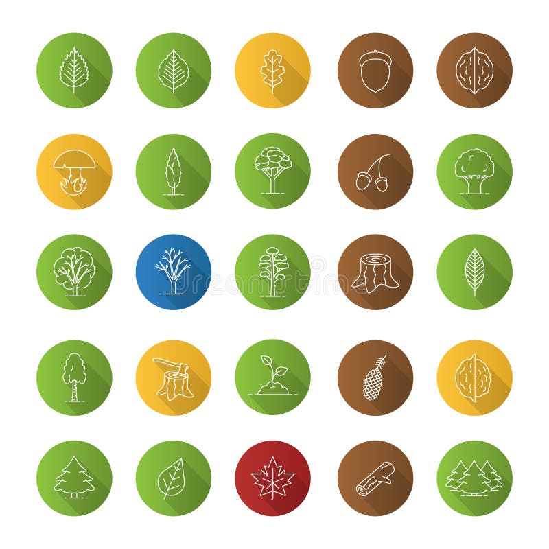 Tree Types Flat Linear Long Shadow Icons Set Stock Vector ...