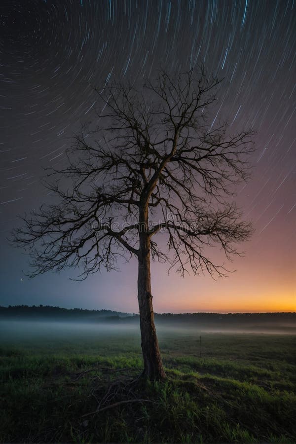 Tree Under Starry Sky at Dusk Stock Illustration - Illustration of magical, stars: 342344868