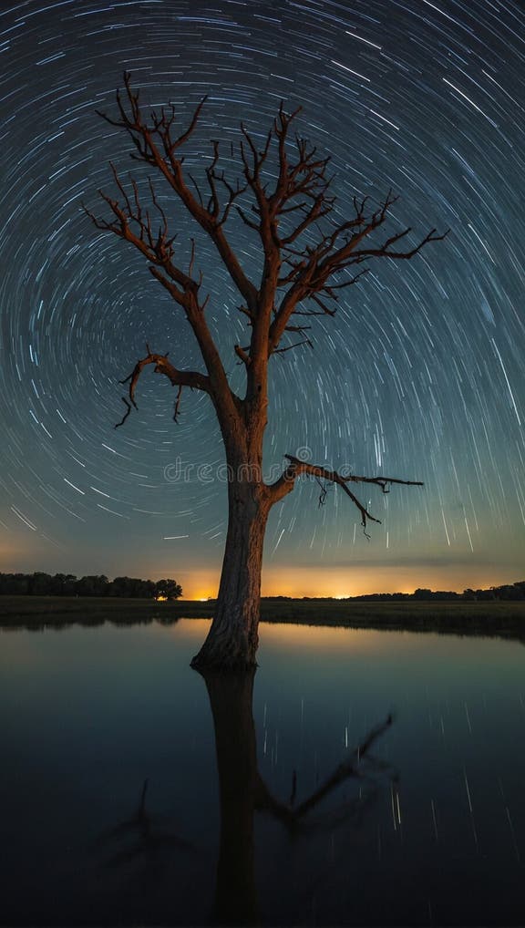 Tree Under Starry Sky at Dusk Stock Illustration - Illustration of glowing, dark: 342344926