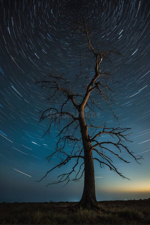 Tree Under Starry Sky at Dusk Stock Illustration - Illustration of ...