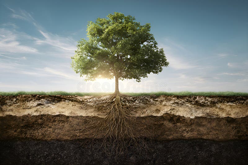 Tree with Underground Roots Growing in Layers of Soil and Grass Under ...