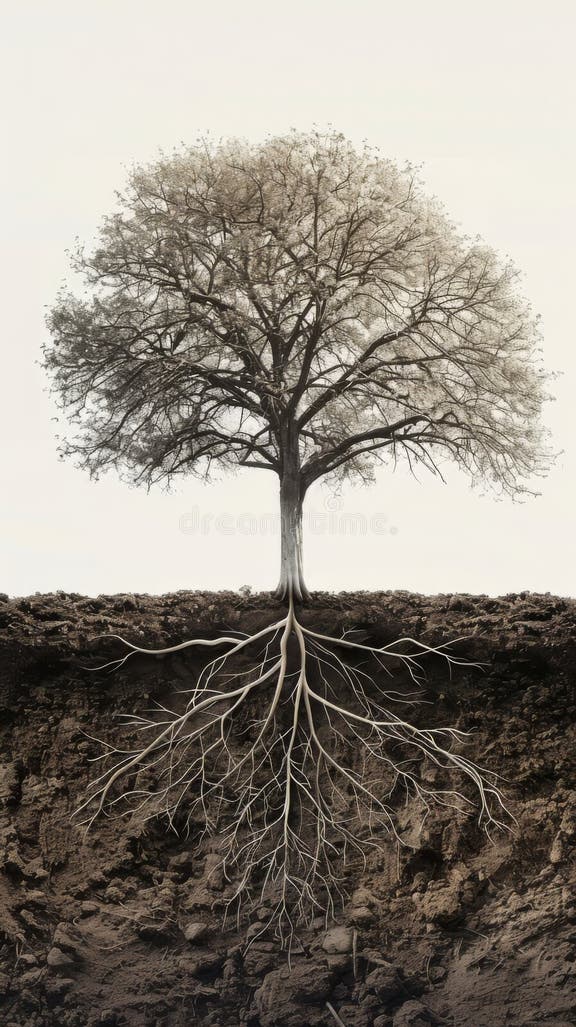Tree with Visible Roots Above and Below the Ground Stock Photo - Image ...