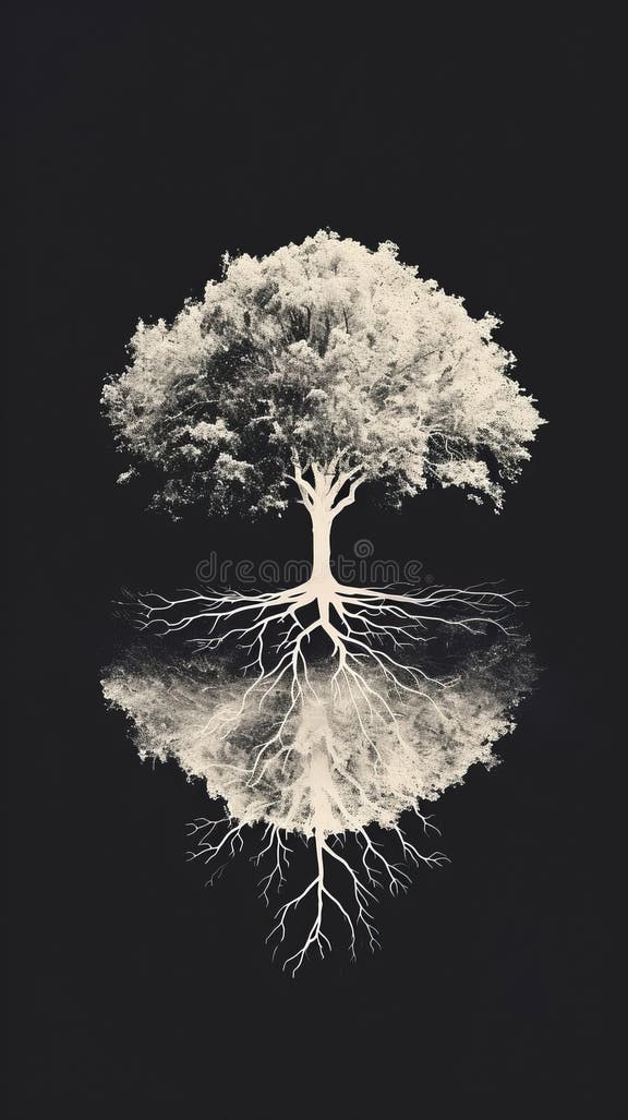 A Tree with a Visible White Root System Mirrored Against a Dark ...