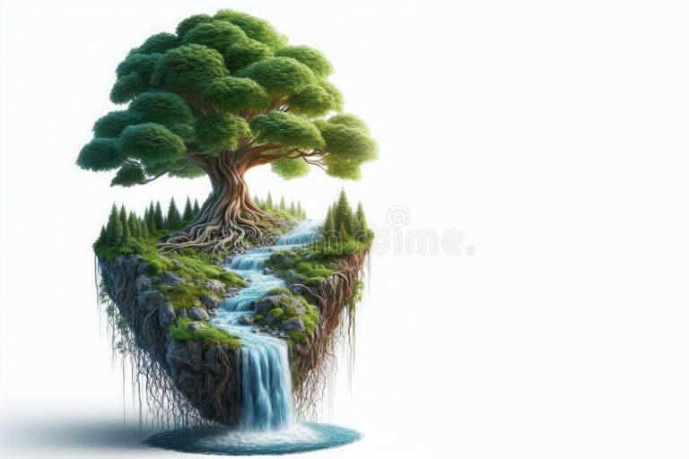 A Tree with a Waterfall on a Floating Island. Space for Text. Stock ...