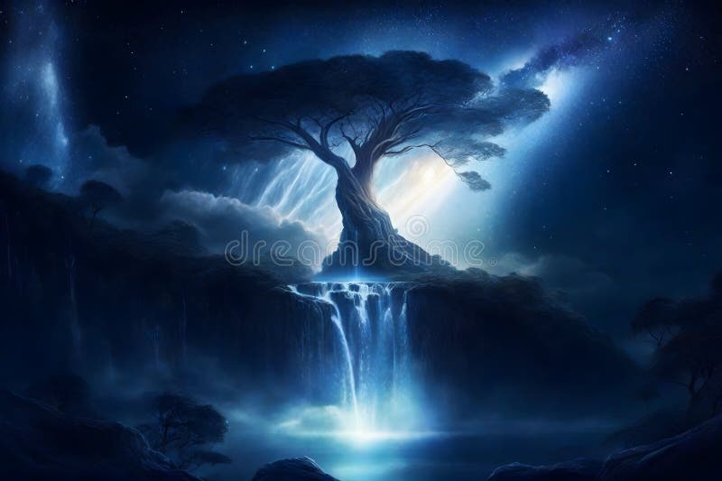 A Tree with a Waterfall and a Light Shining through it Generated Using ...
