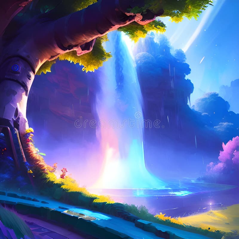 Tree and Waterfall Mountain Stock Illustration - Illustration of ...