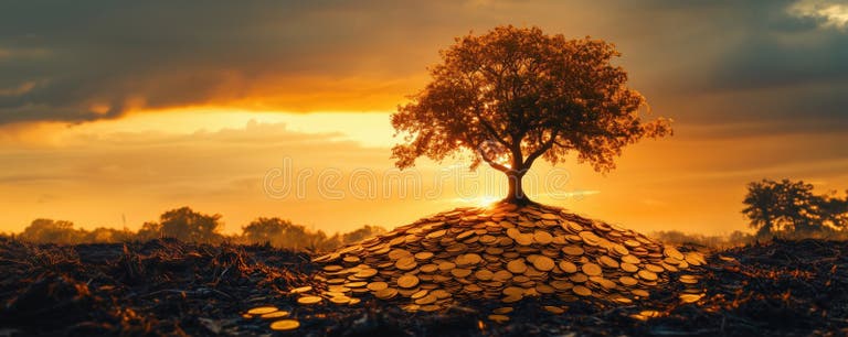 Tree of Wealth Growing from a Mound of Coins Under a Dramatic Sunset ...