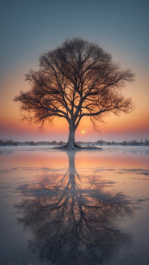 A Tree Whose Roots Glow Like Fire, Growing in the Middle of a Frozen ...