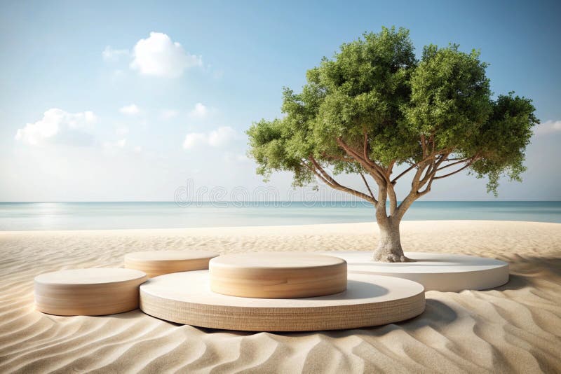 Tree Wood and Stone Podium on Sand Beach for Product Display Stock ...