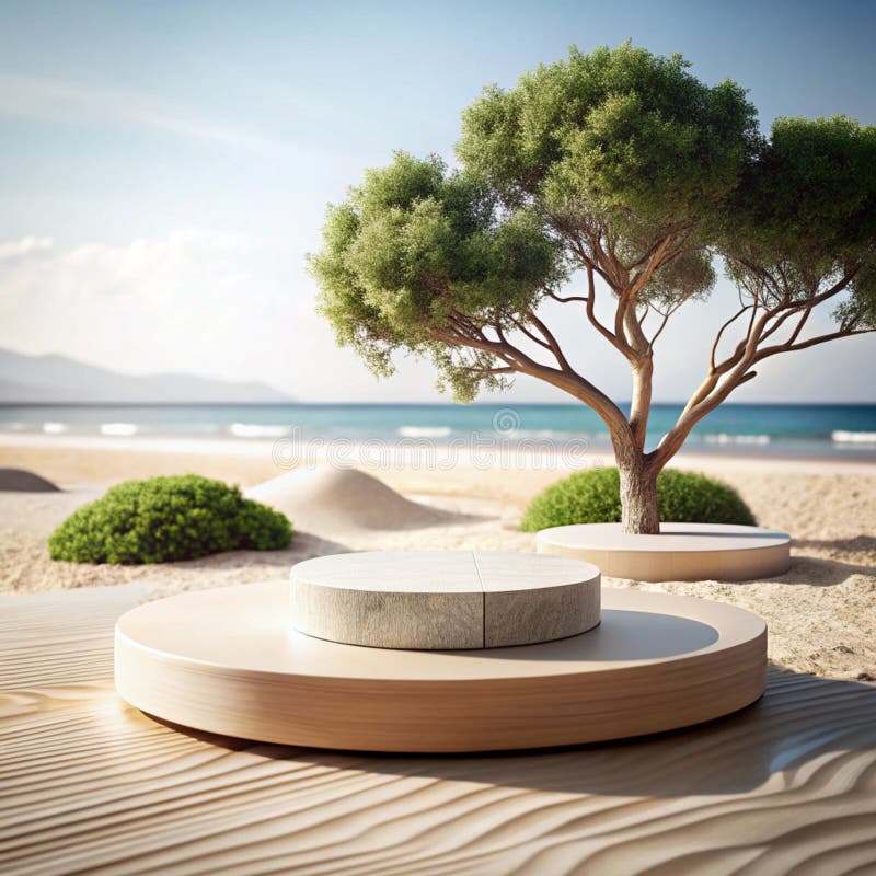 Tree Wood and Stone Podium on Sand Beach for Product Display Stock ...