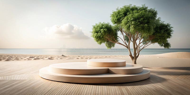 Tree Wood and Stone Podium on Sand Beach for Product Display Stock ...
