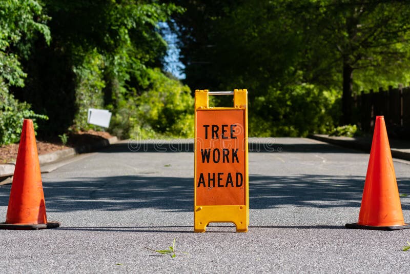 Tree Work Ahead Sign with Two Traffic Cones Stock Image - Image of ...