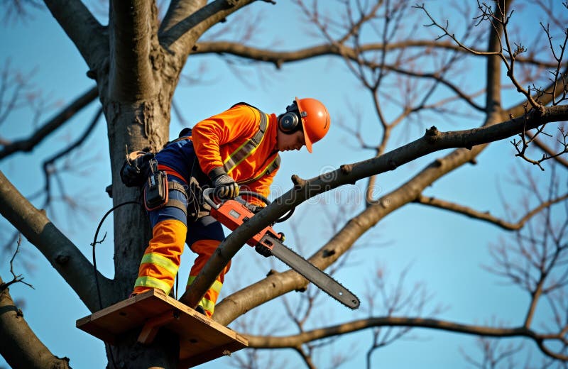 Tree Worker in Safety Gear Uses Chainsaw To Carefully Prune Tree ...