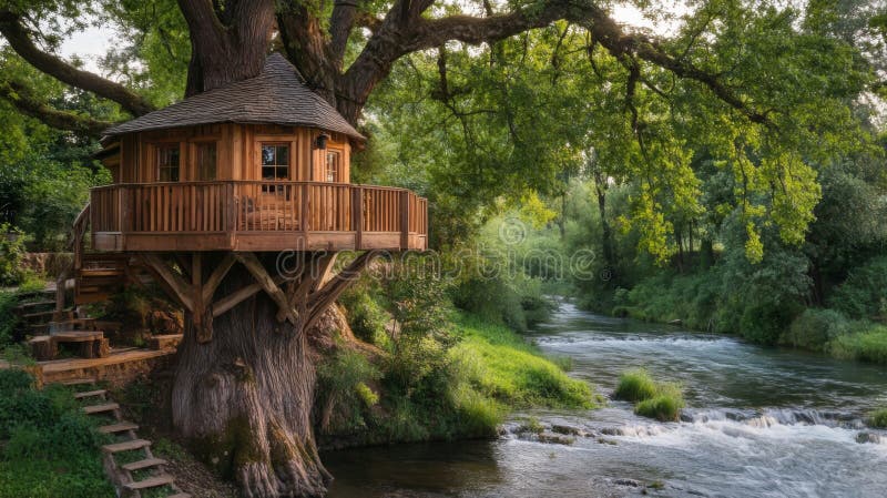 A Treehouse Built into a Large Tree by a Rushing River Stock ...