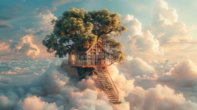 A Treehouse in the Clouds with a View of the Sky Stock Image - Image of ...