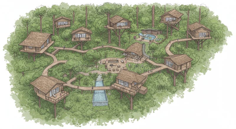 Treehouse Community in Lush, Green Forest. Several Elevated Wooden ...