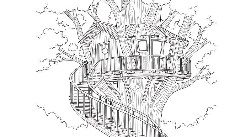 Treehouse Drawing Featuring a Round Structure Nestled in a Large Tree ...