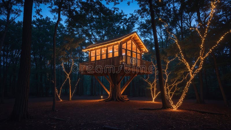 Treehouse Glows Above Forest Floor As Fireflies Light Up Branches ...