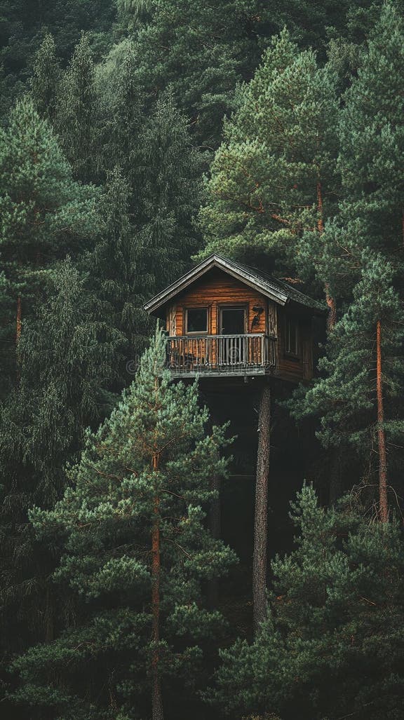 Treehouse Hidden among Tall Green Pine Trees. Stock Image - Image of ...