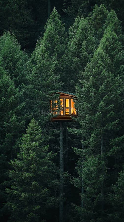 Treehouse Hidden among Tall Green Pine Trees. Stock Photo - Image of ...