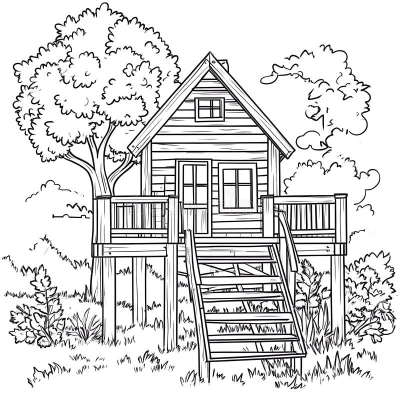 Treehouse Illustration, Black and White Line Art Stock Illustration ...
