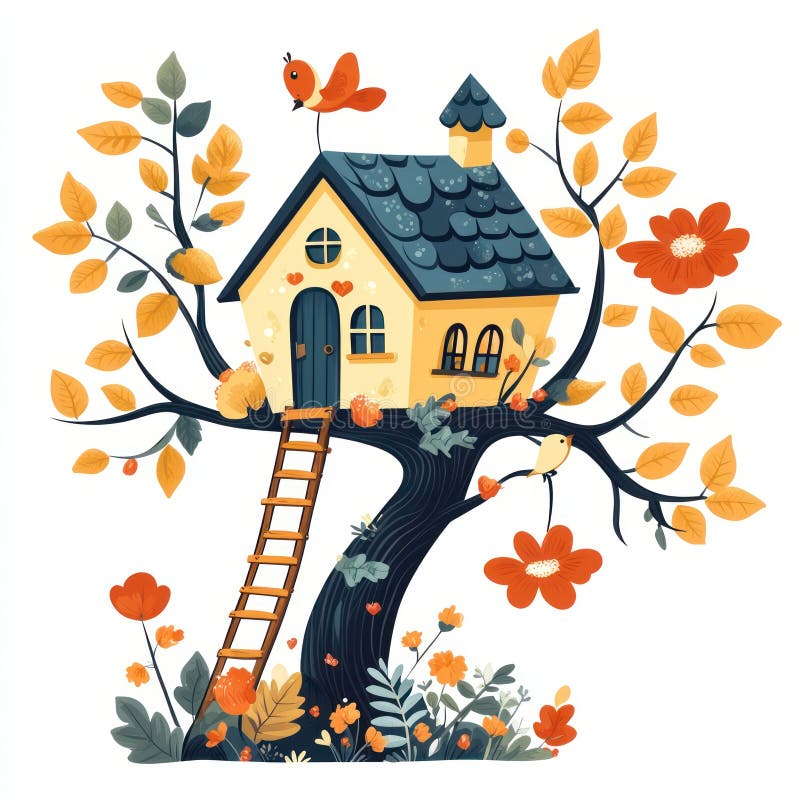 Treehouse Illustration with Yellow, Orange, and Blue Colors Stock ...