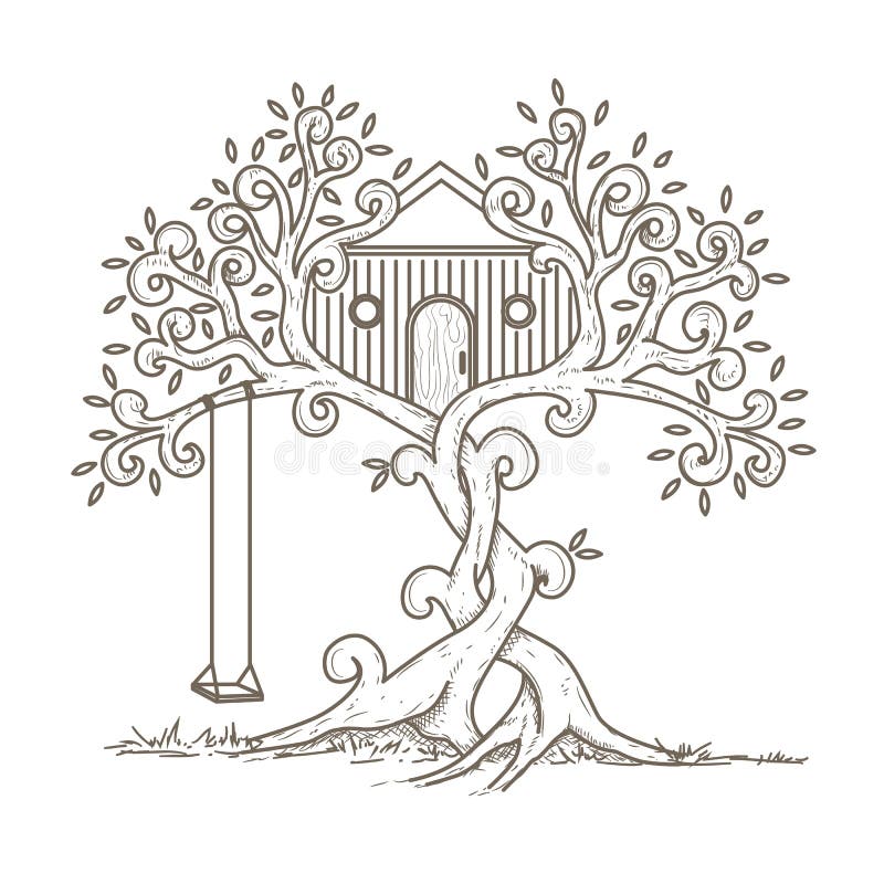 Tree house line art design stock vector. Illustration of vector - 190866598