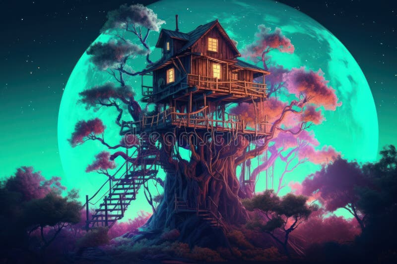 Treehouse Moon Forest. Generate Ai Stock Illustration - Illustration of ...