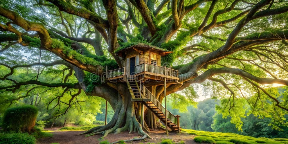 Treehouse Nestled in Branches of Ancient Tree Stock Illustration ...