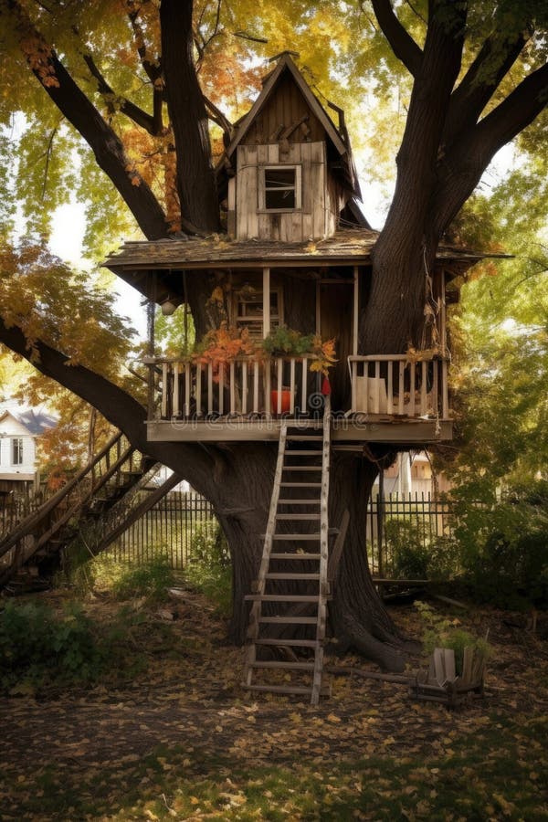 Treehouse Nestled within Sturdy Branches of Backyard Tree Stock ...