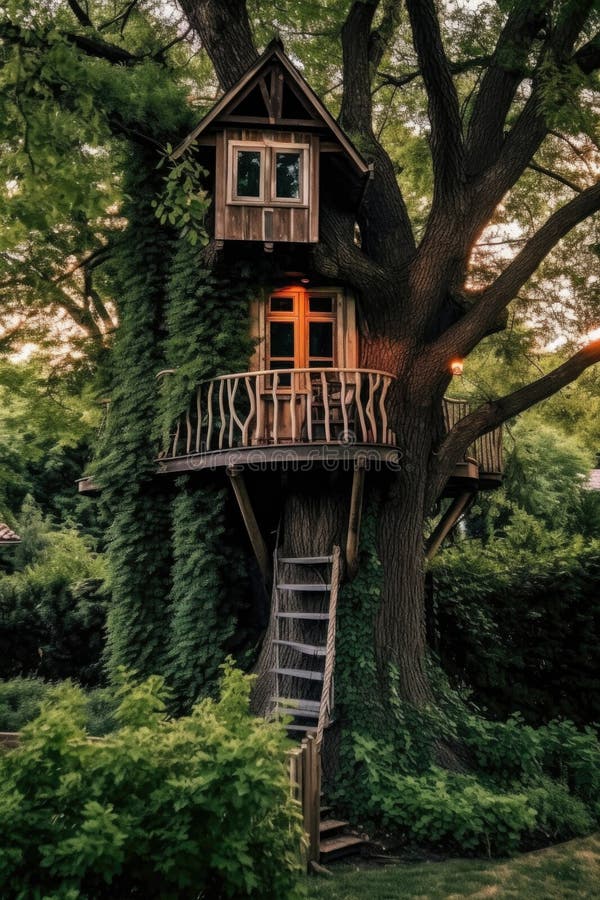 Treehouse Nestled within Sturdy Branches of Backyard Tree Stock ...