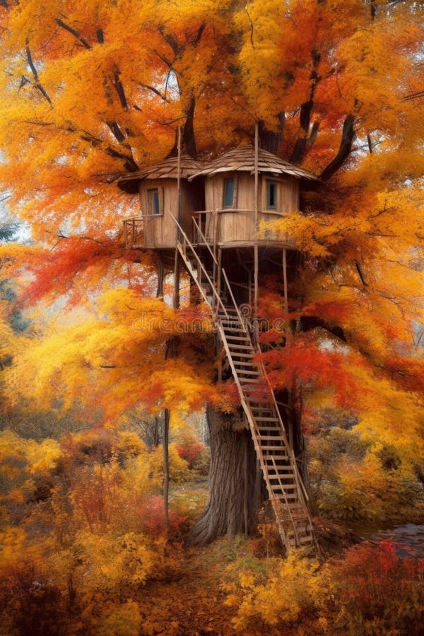 Treehouse Nestled in Vibrant Autumn Foliage Stock Illustration ...