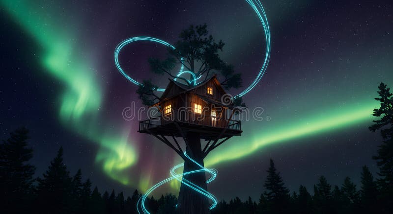 Treehouse at Night with Aurora Borealis and Light Trails Stock ...
