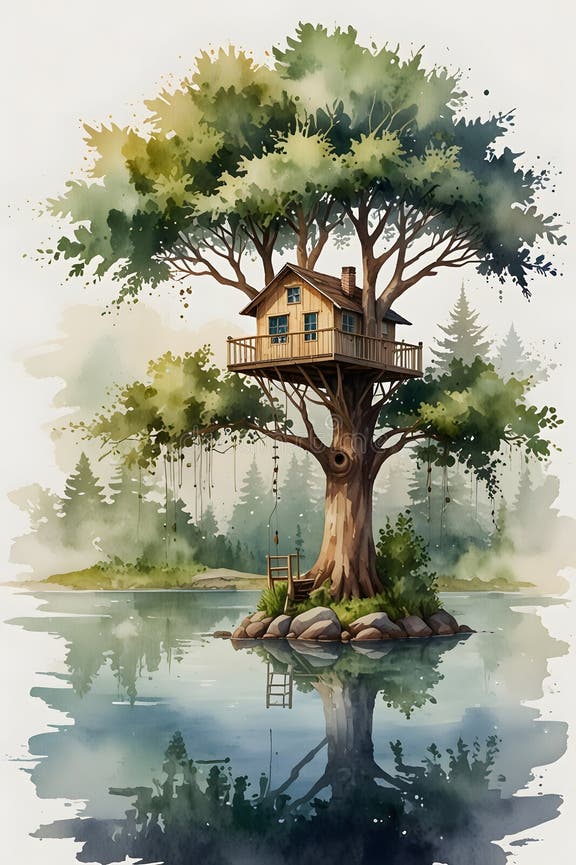 Treehouse Overlooking a Peaceful Lake Stock Illustration - Illustration ...