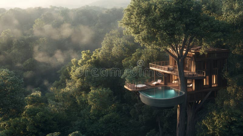 A Treehouse with a Pool in a Lush Green Forest Stock Illustration ...