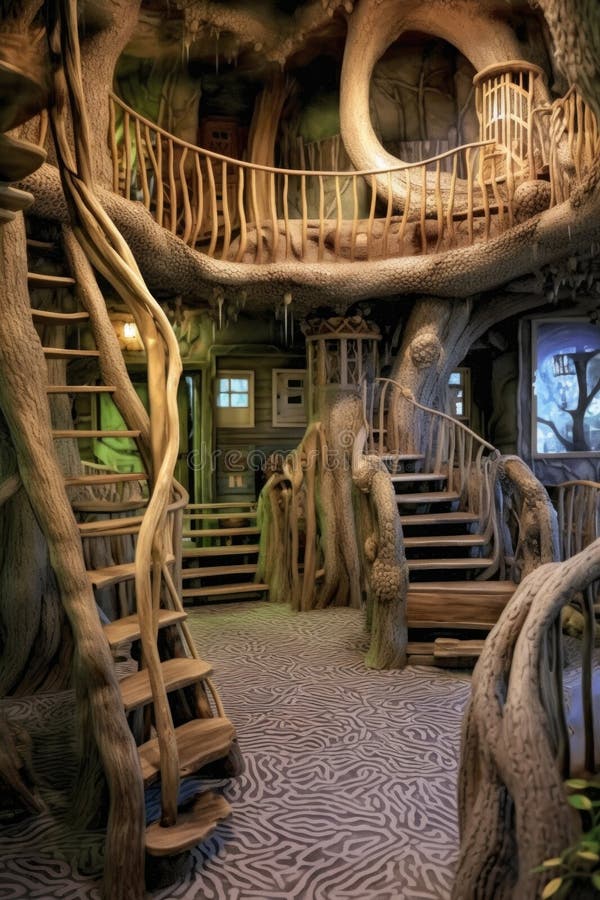 Treehouse with a Rope Bridge and Whimsical Design Stock Illustration ...