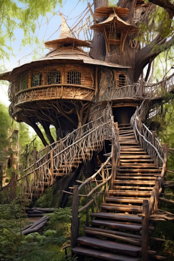 Treehouse with a Rope Bridge and Whimsical Design Stock Illustration ...