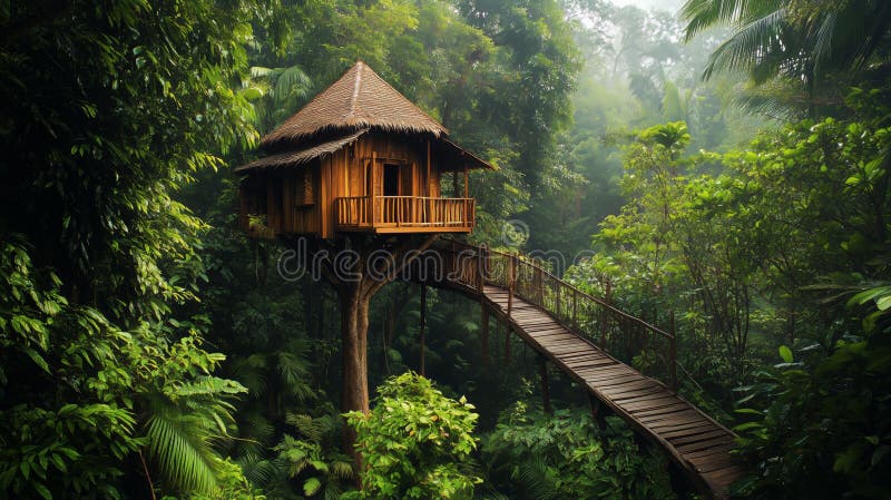 Treehouse Sits Elevated within Lush Tropical Jungle Foliage Canopy ...