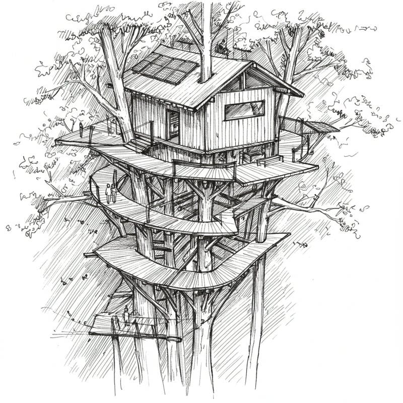 Treehouse Sketch Featuring Multiple Levels Built Around Tall Trees. the ...